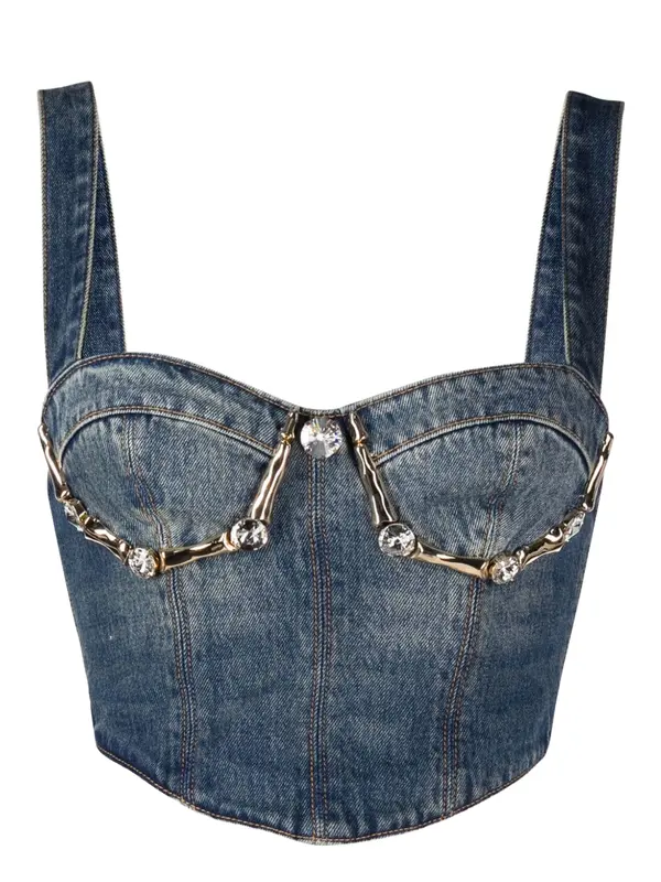 AREA Claw Cup Crystal-embellished Denim Bustier - Blue