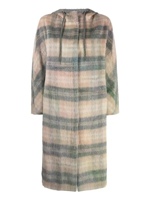 Fabiana Filippi Brushed Plaid-check Hooded Mid-length Coat - Grey