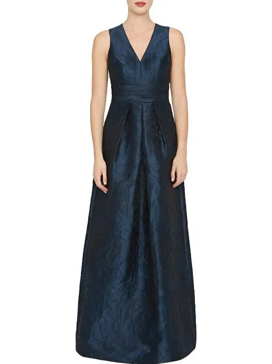 KAY UNGER Mariah Crinkle Pleated Gown - Blue Opal