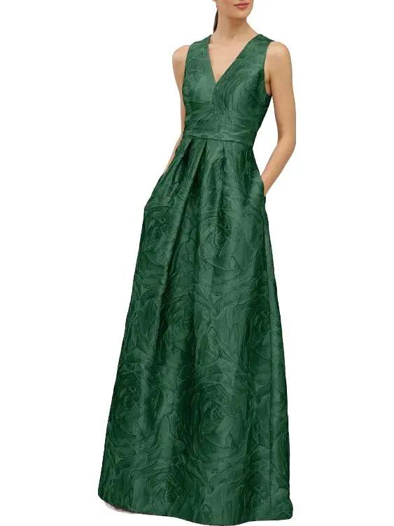 KAY UNGER Mariah Crinkle Pleated Gown - Emerald