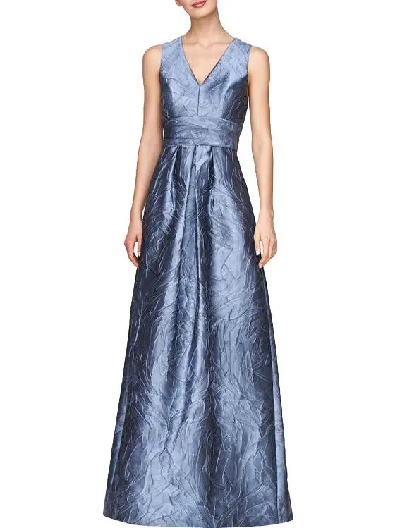 KAY UNGER Mariah Crinkle Pleated Gown - Mediterranean Blue