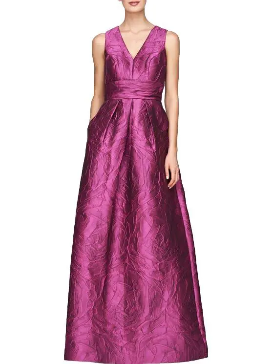 KAY UNGER Mariah Crinkle Pleated Gown - Sangria