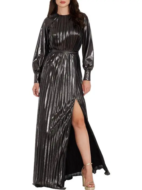 Dress The Population Calista Metallic Jacquard Stripe Gown - Gunmetal