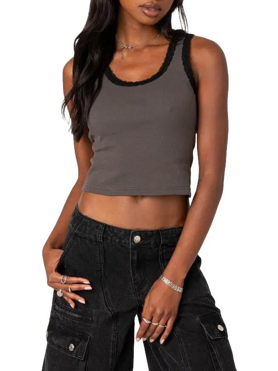 EDIKTED Alix Lace Rib Crop Tank - Gray