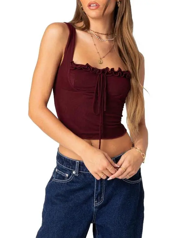 EDIKTED Aurelia Ruffle Trim Crop Corset Top - Burgundy