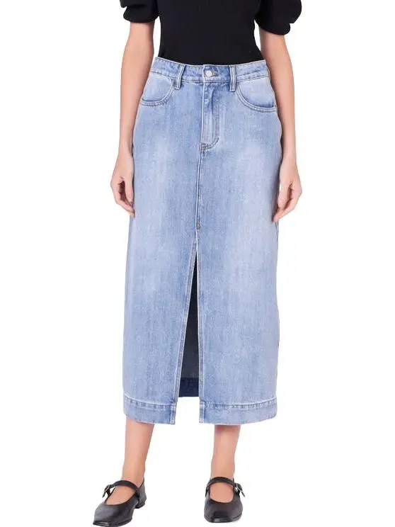 English Factory High Waist Denim Midi Skirt - Blue