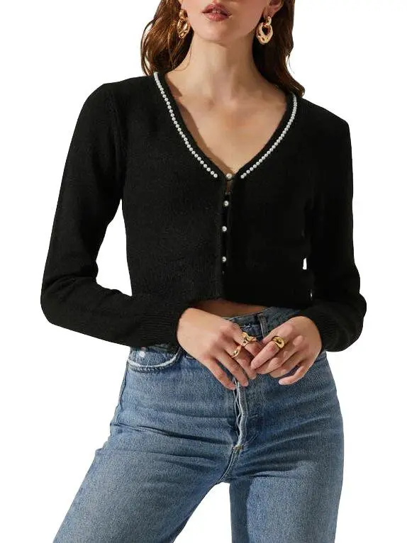 Astr The Label Melissa Imitation Pearl Trim Cardigan - Black