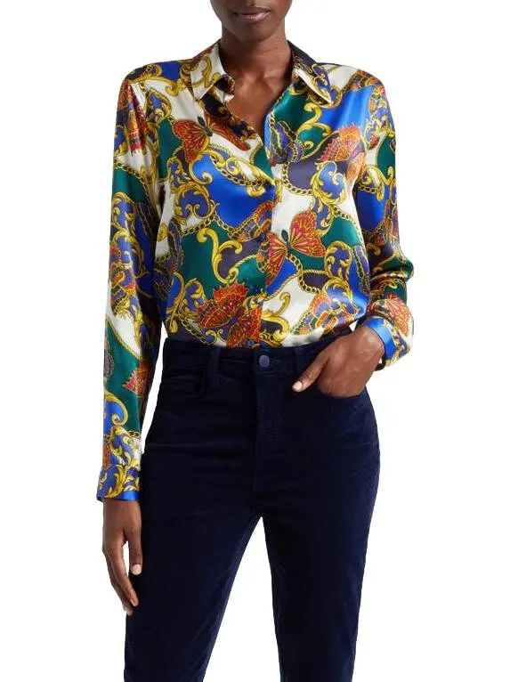 L'Agence Tyler Butterfly Print Silk Shirt - Multi Butterfly Chain