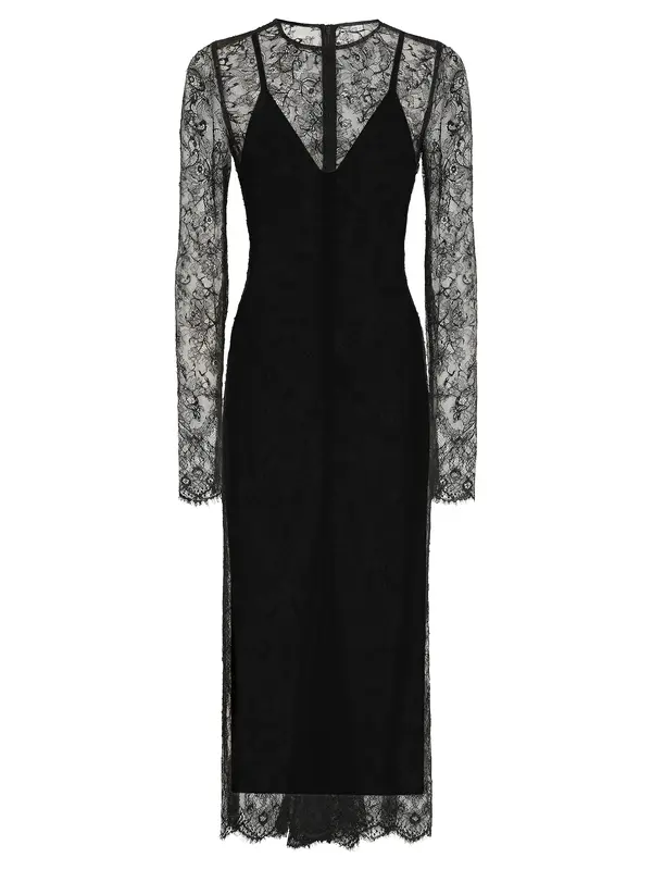 Dolce & Gabbana Chantilly Lace Fil Coupé Calf-length Dress - Black