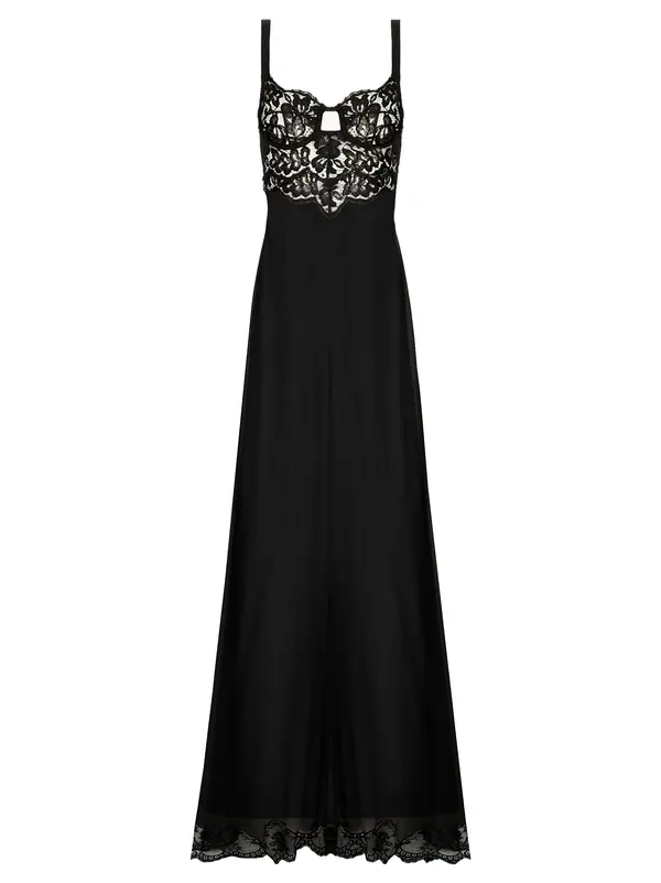 Dolce & Gabbana Long Silk Chiffon Dress With Lace Body - Black