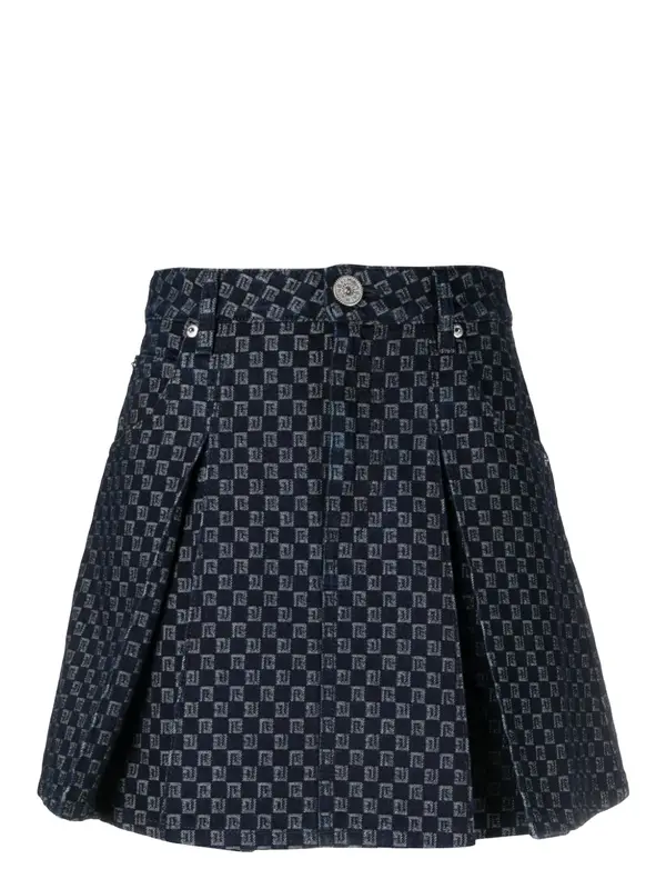 Balmain Pleated Monogram-jacquard Denim Miniskirt - Blue