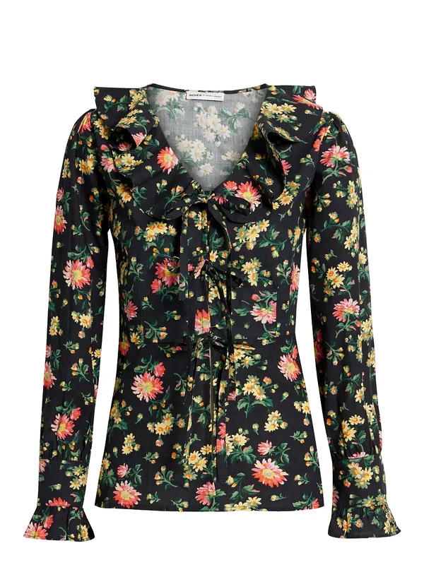 Batsheva Nia Floral-print Cotton-poplin Top - Black