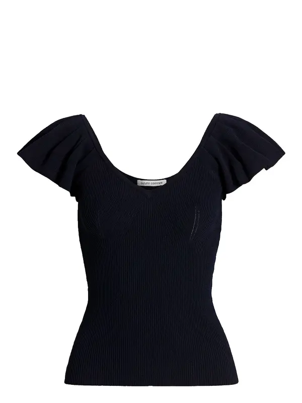 Autumn Cashmere Ruffled Ribbed-knit Top - Navy