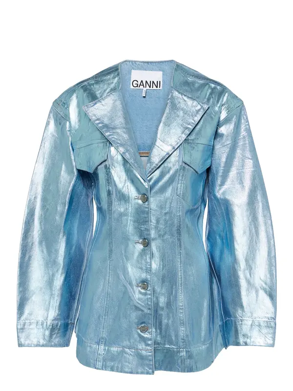 GANNI Foil Metallic Denim Blazer - Blue