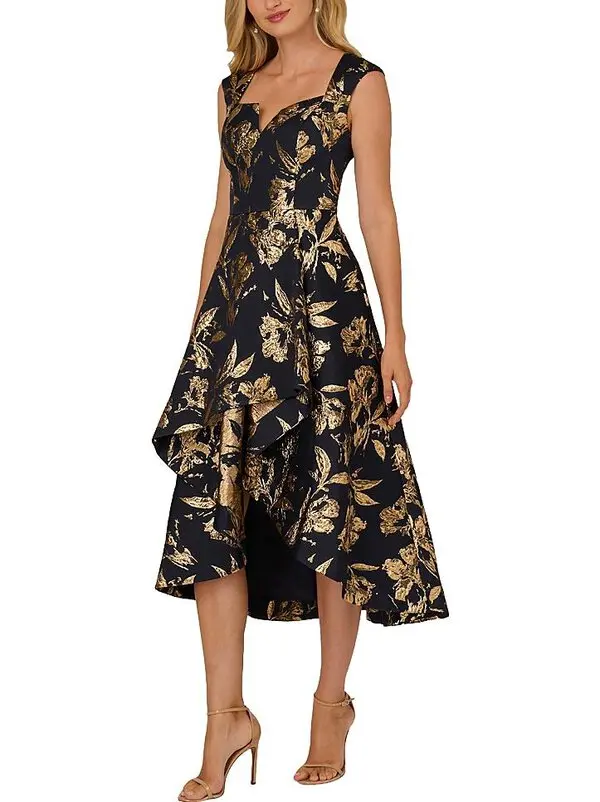 Adrianna Papell High-low Metallic Jacquard Midi Dress - Navy/gold