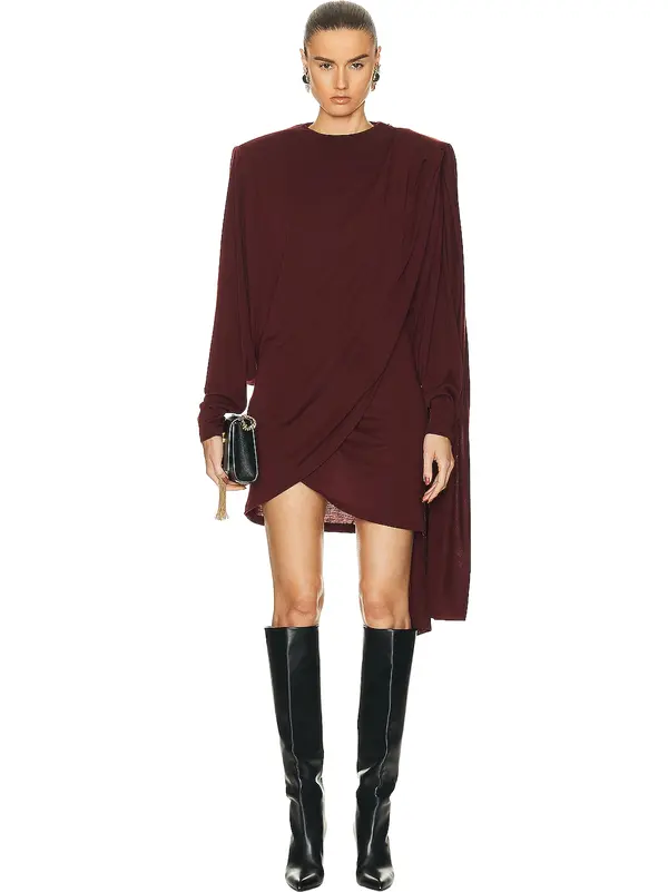 Saint Laurent Long Sleeve Draped Dress - Rouge Piment