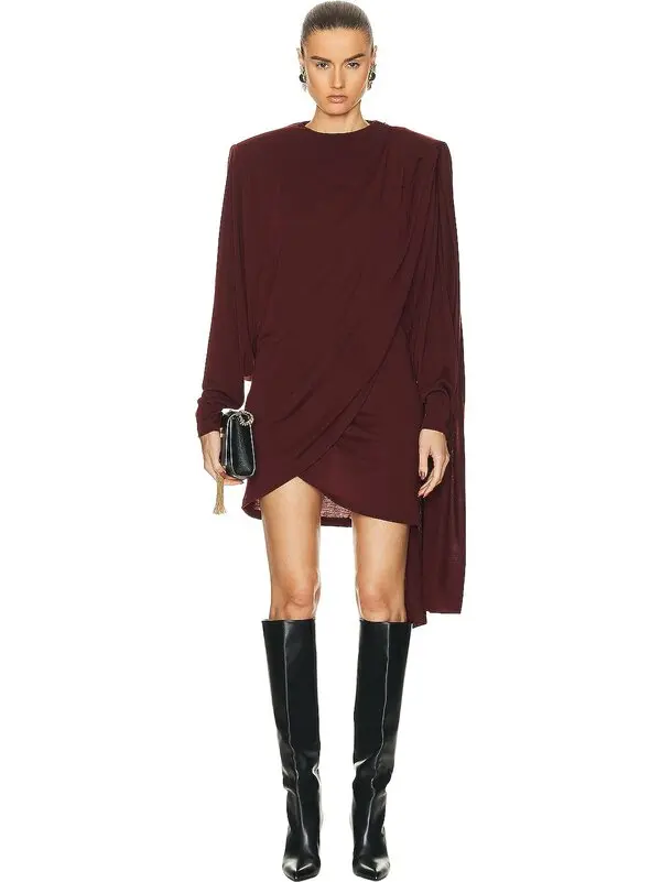 Saint Laurent Long Sleeve Draped Dress - Rouge Piment
