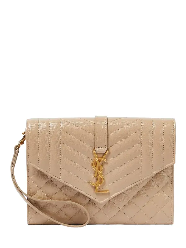 Saint Laurent Envelope Matelassé Leather Clutch - Beige