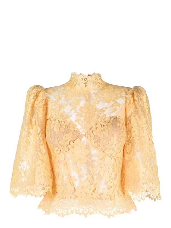 GEMY MAALOUF Floral-lace Puff-sleeve Top - Yellow