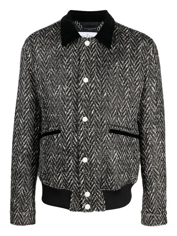 Philipp Plein Herringbone-pattern Wool Bomber Jacket - Black