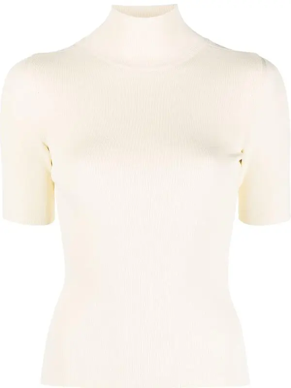 Off-White Ribbed Knit High Neck Short Sleeve Top - Neutrals
