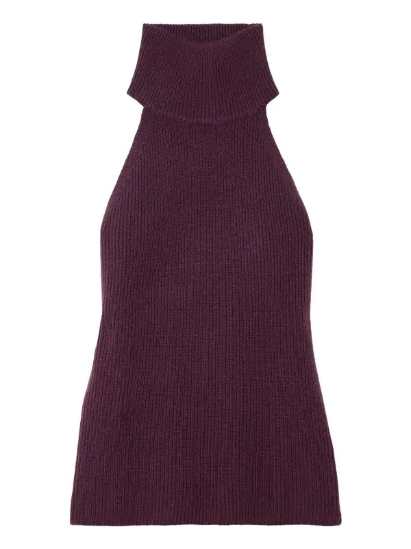 LISA YANG Freya Ribbed Cashmere Turtleneck Tank - Burgundy