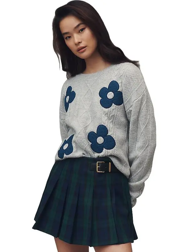 Maeve Cable Floral Pullover Sweater - Blue Floral