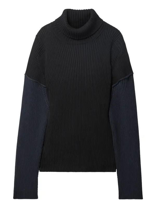 THE ROW Dua Two-tone Ribbed Cotton And Cashmere-blend Turtleneck Sweater - Black