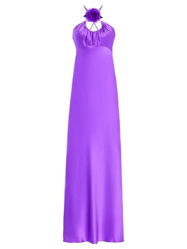 RODARTE Floral-appliquéd Ruched Silk-satin Maxi Dress - Purple