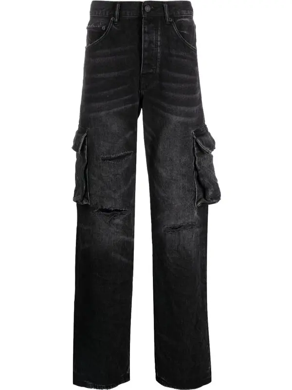 PURPLE BRAND Distressed Straight-leg Cargo Jeans - Black