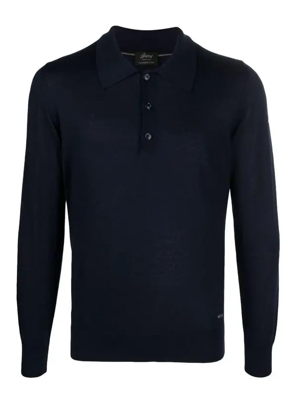 Brioni Logo-plaque Fine-knit Polo Shirt - Blue