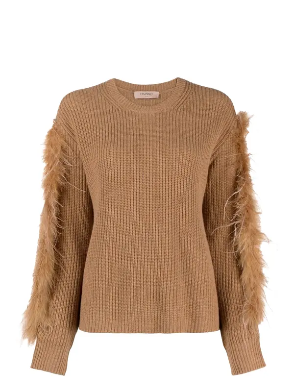 TWINSET Feather-trim Ribbed-knit Jumper - Brown