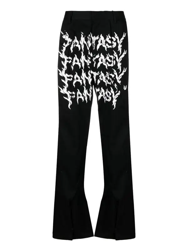 KUSIKOHC Slogan-print Straight-leg Wool Trousers - Black
