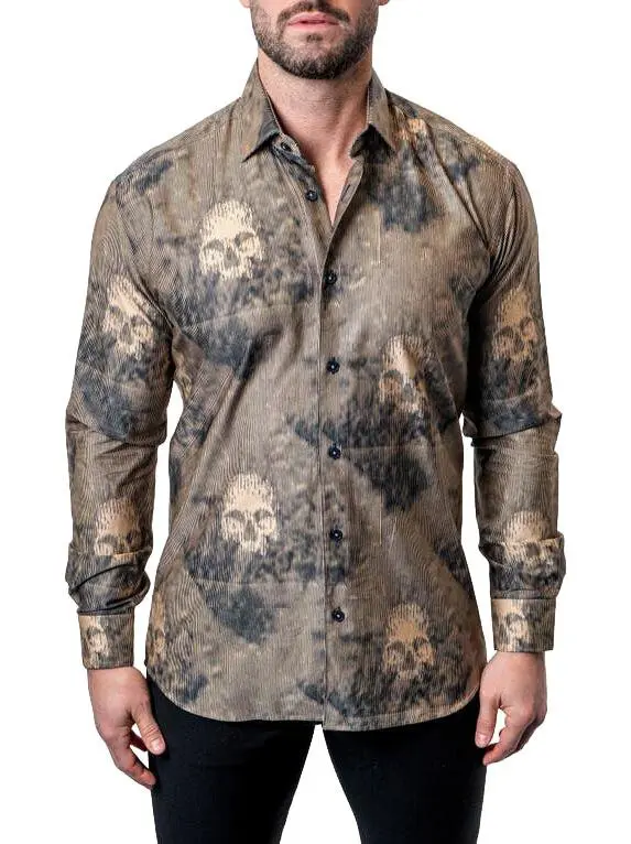 MACEOO Einstein Skull Sand Contemporary Fit Button-up Shirt - Brown