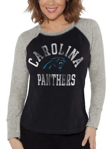 G-III 4HER BY CARL BANKS Carolina Panthers Waffle Knit Raglan Long Sleeve T-shirt - Black