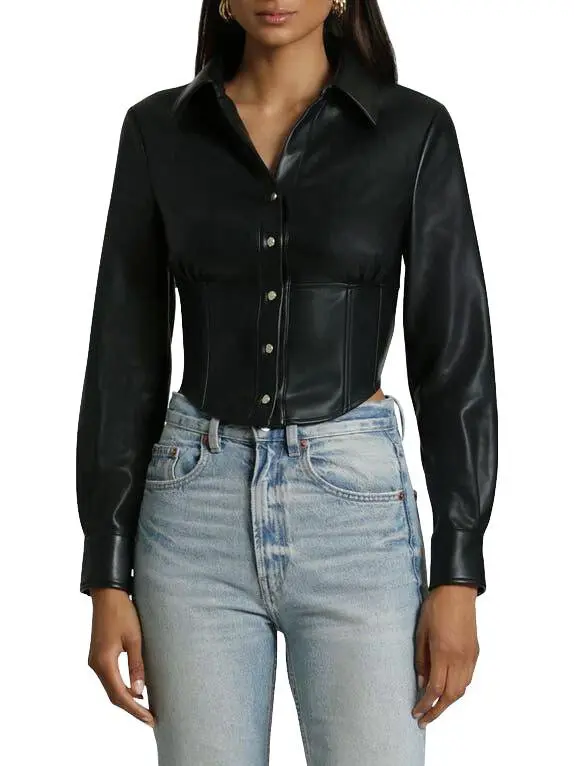 Avec Les Filles Faux-ever Leather™ Long Sleeve Cropped Corset Shirt - Black