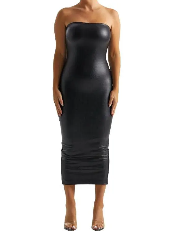 Naked Wardrobe Faux Leather Strapless Dress - Black