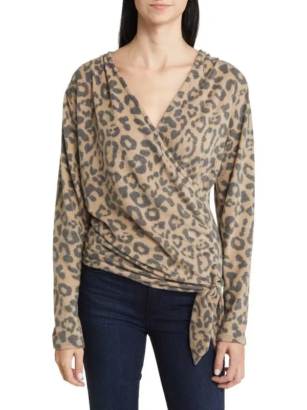 Loveappella Faux Tie Wrap Top - Camel/charcoal