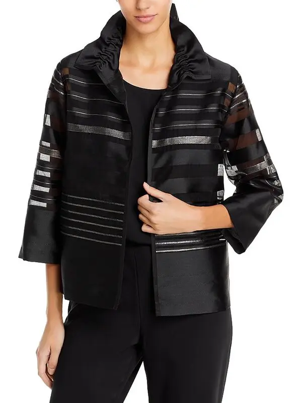 Caroline Rose Sheer Striped Jacket With Ruched Collar - Multi/black