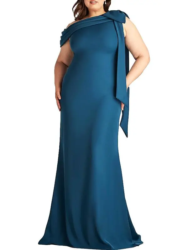 Tadashi Shoji Cassia Bow-shoulder Crepe Gown - Dark Blue