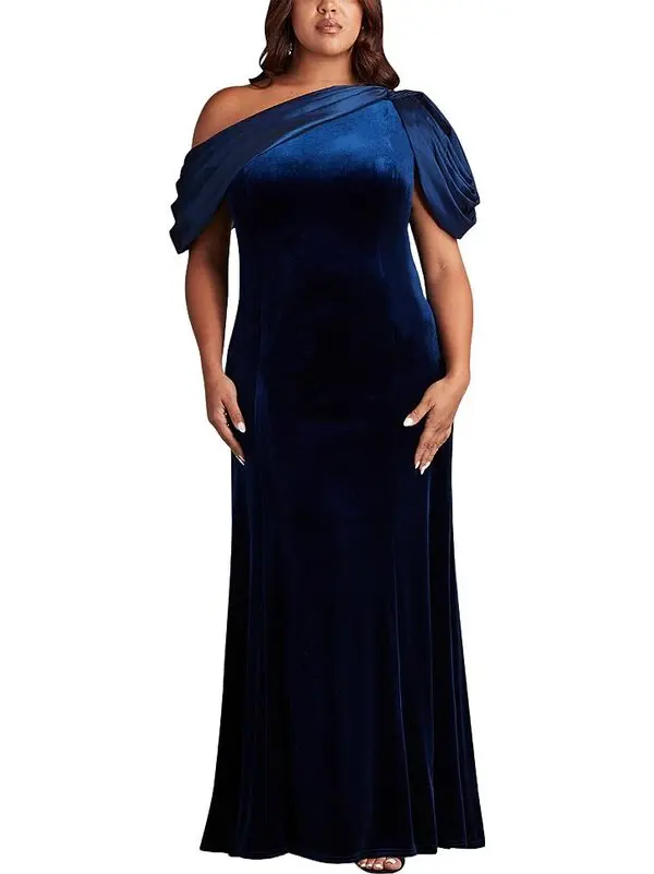 Tadashi Shoji Velvet Gown With Draped Neckline - Navy