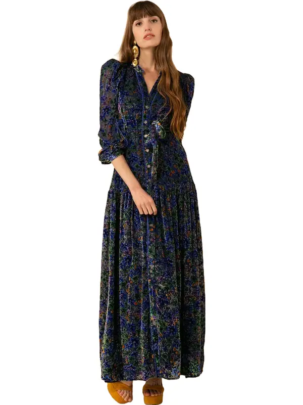 Hale Bob Heloise Velvet Burnout Maxi Dress - Blue