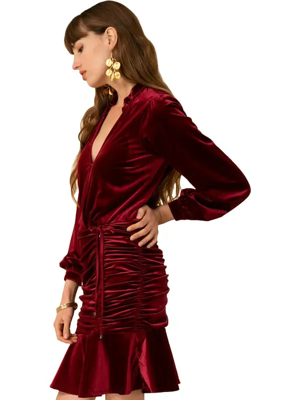 Hale Bob Manon Shirred Velvet Dress - Burgundy / Red
