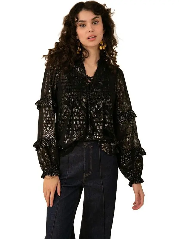 Hale Bob Mäelys Foiled Chiffon Lace-up Top - Black