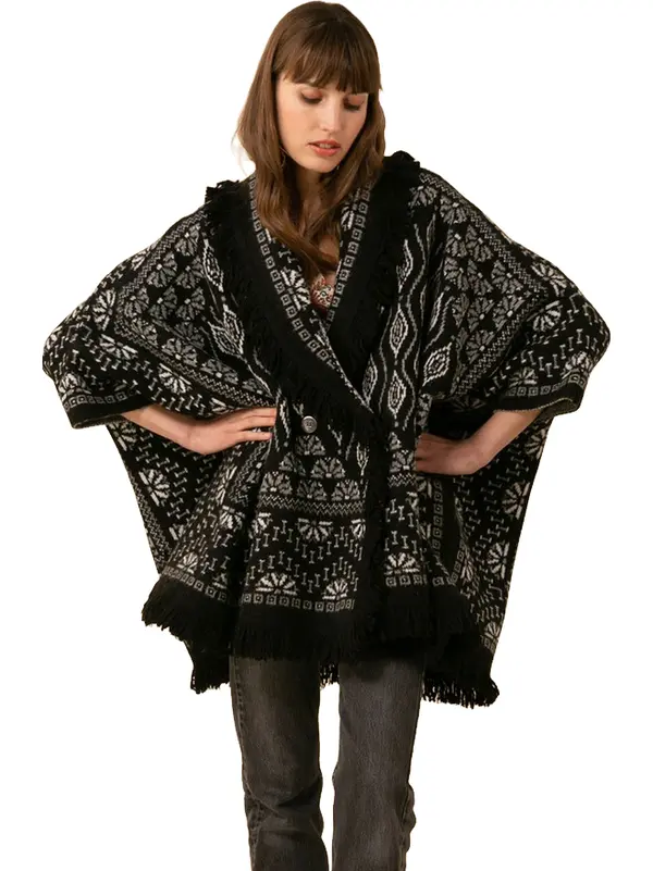 Hale Bob Maria Fringe Oversized Poncho Jacquard Sweater - Black
