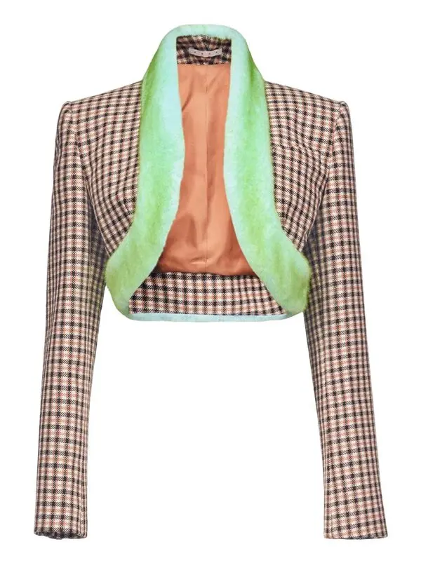 AREA Plaid Wool Cropped Blazer With Faux Fur Trim - Caramel