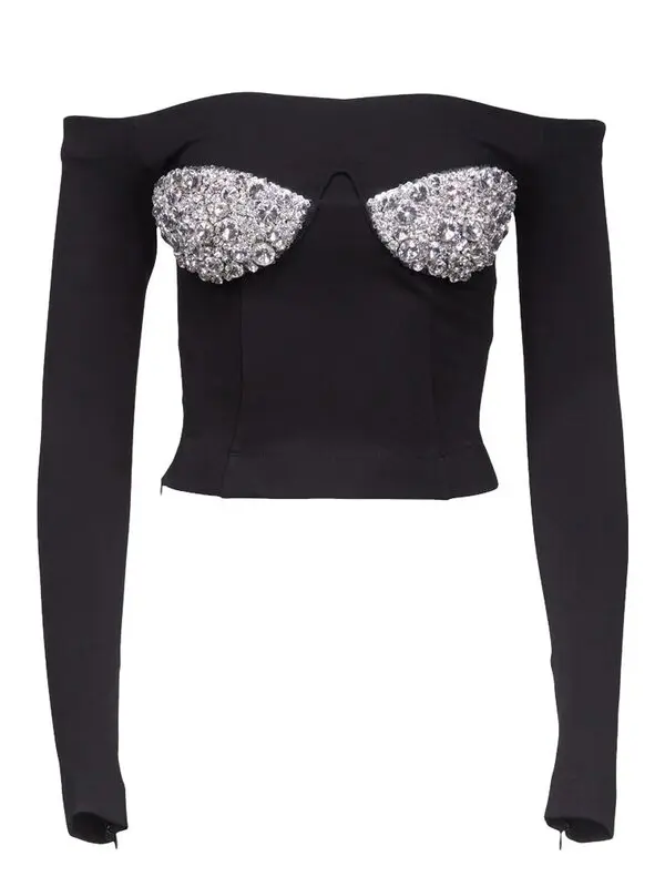AREA Off-shoulder Crystal Cup Bustier Top - Black