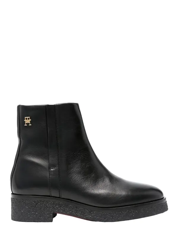 Tommy Hilfiger Logo-plaque Leather Ankle Boots - Black