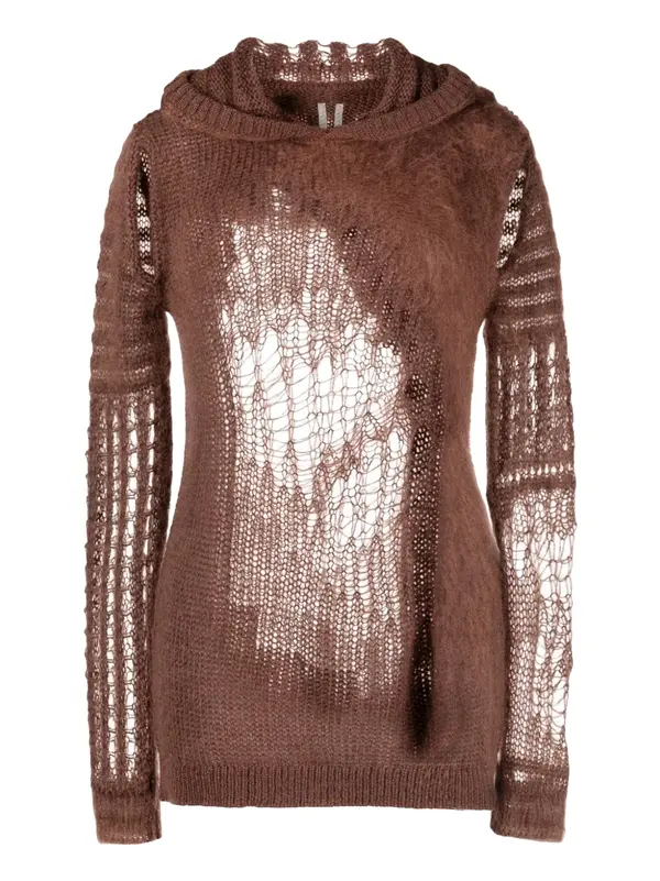 Rick Owens Perforated Knitted Hoodie - Brown
