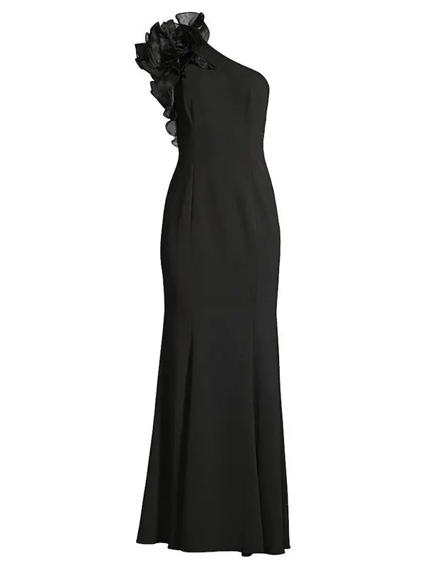 Aidan Mattox Organza Ruffle One-shoulder Gown - Black